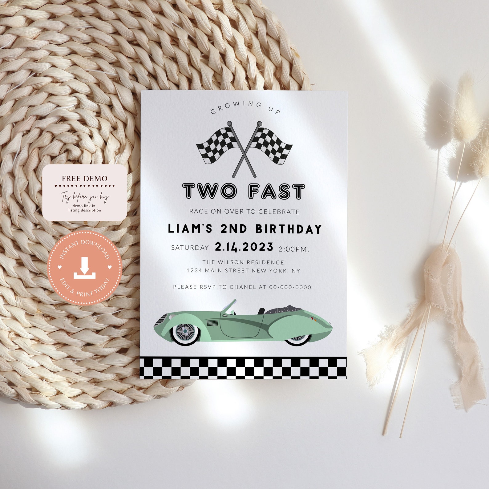 Editable TWO Fast Birthday Invitation, Race Car Invitation, 2nd ...