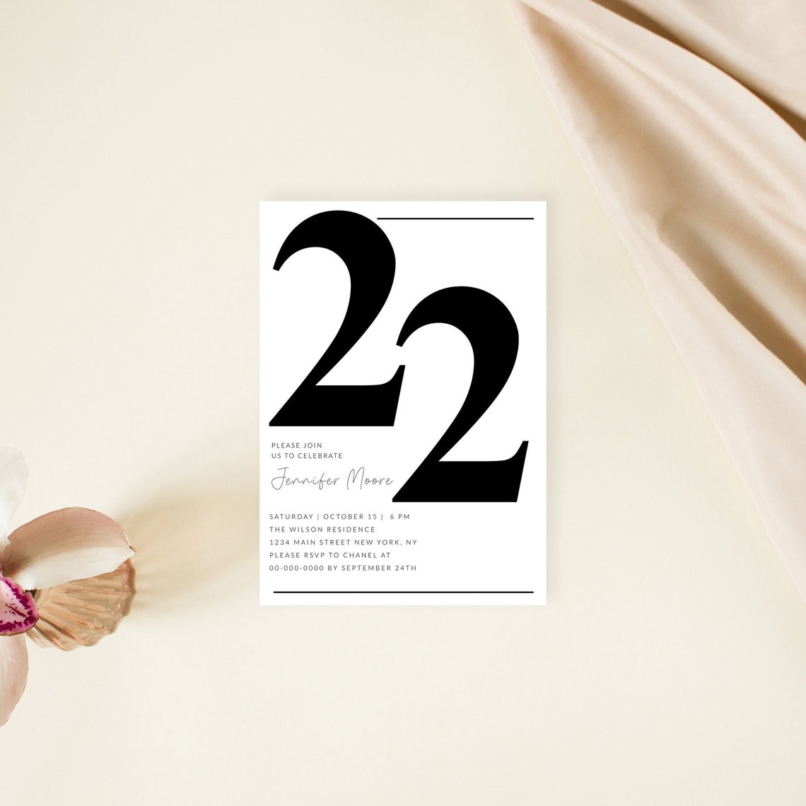 22nd Birthday Invitation, Twenty Two 22nd Birthday Party Digital Invitation, Modern Birthday ...