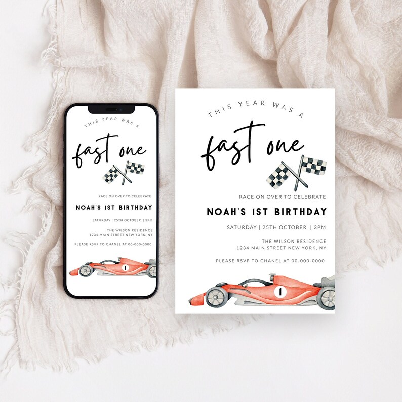 FAST ONE First Birthday Invitation, Race Car Invitation, Race Car 1st ...