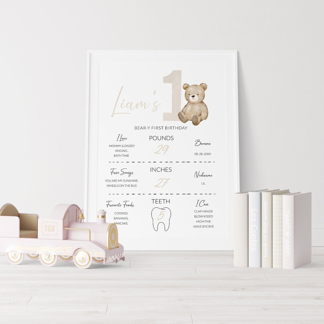 Beary First Birthday Milestone Sign, 1st Birthday Milestone Board ...