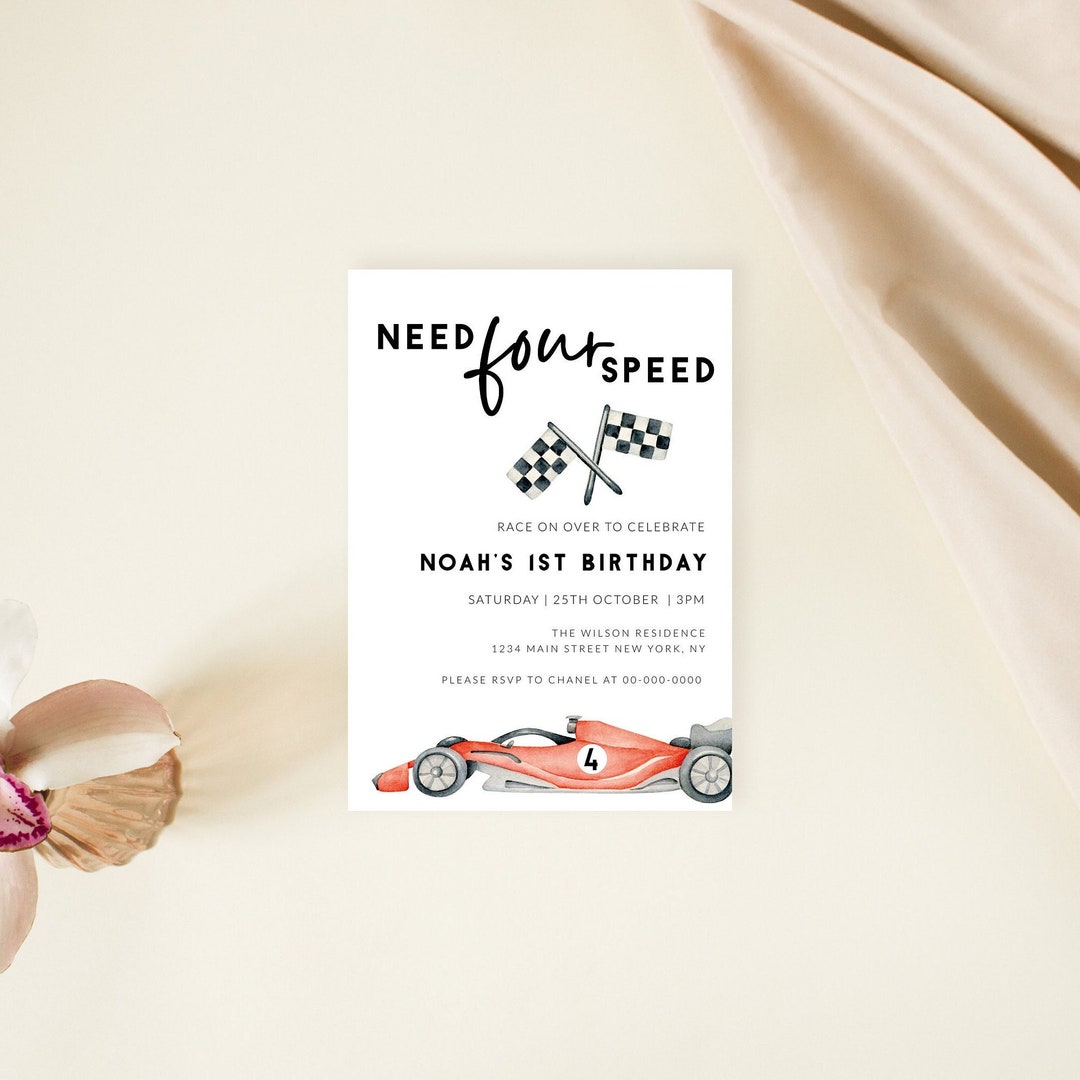 NEED FOUR SPEED Birthday Invitation, Race Car Invitation, 4th Birthday ...
