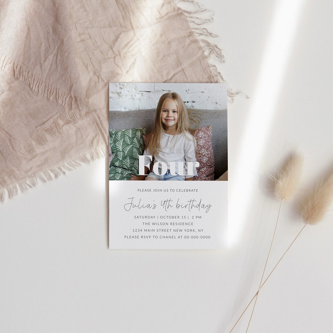 4th Birthday Invitation With Photo, Minimalist 4th Birthday Invite ...