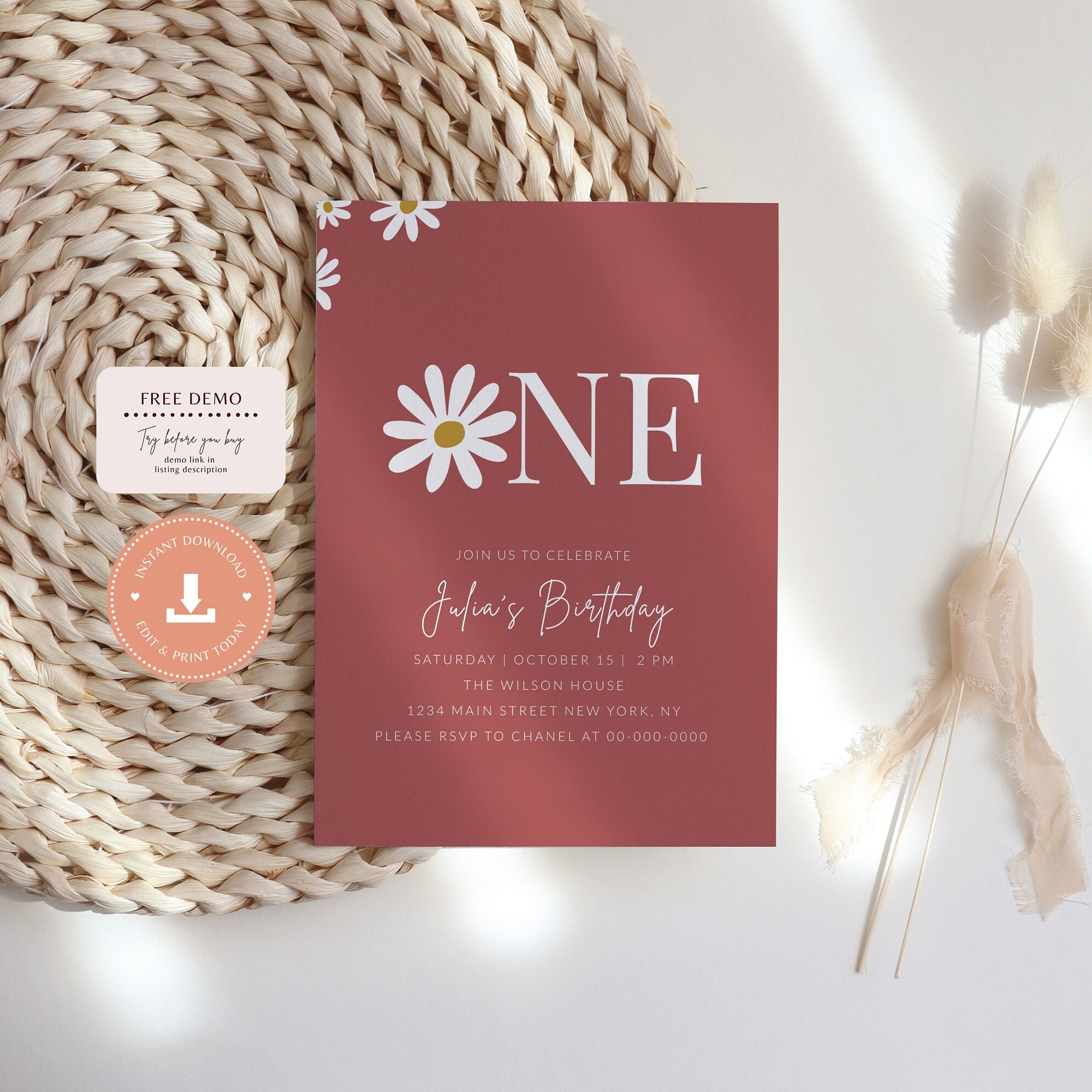 Retro Daisy First Birthday Party Invitation, 1st Birthday Invitation ...