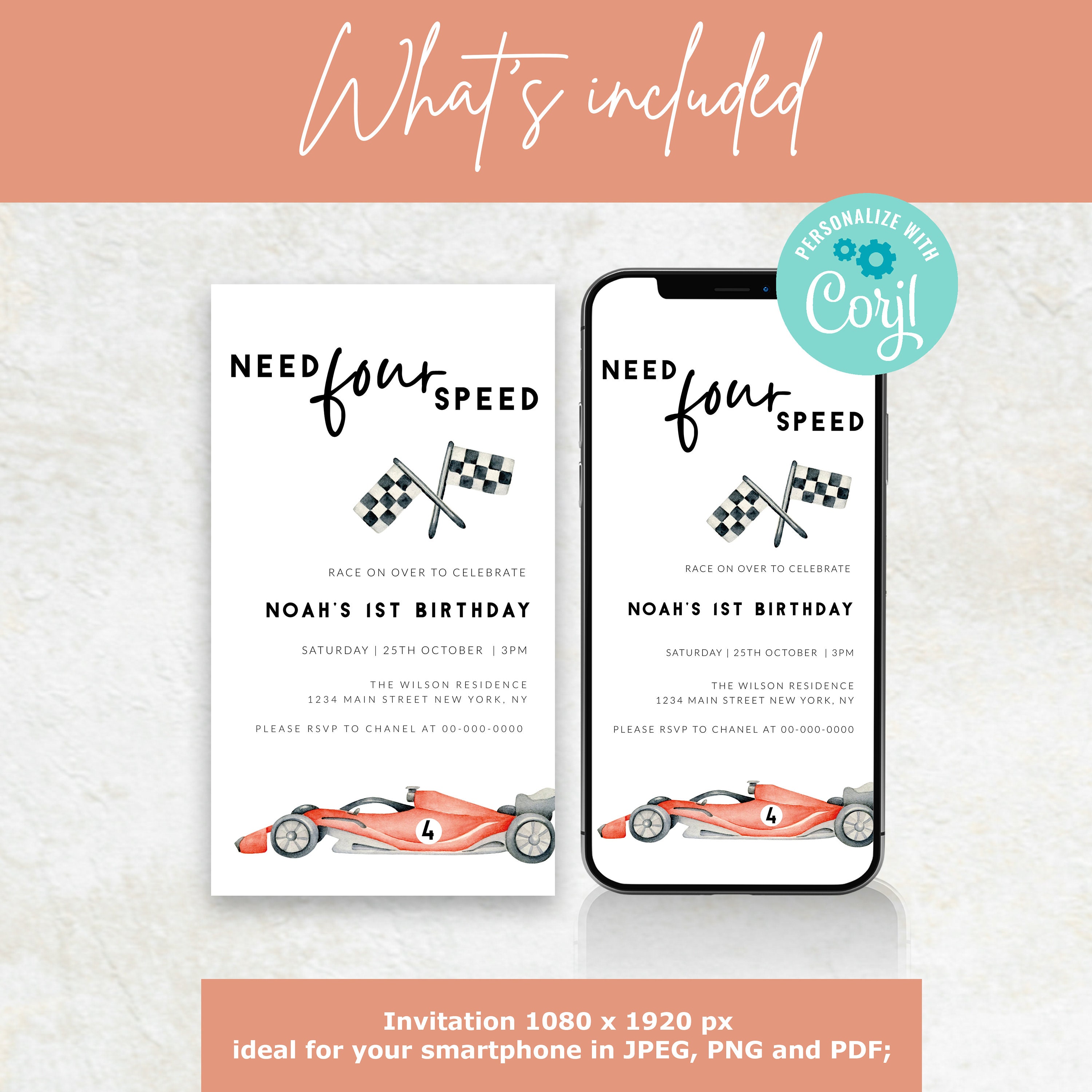 NEED FOUR SPEED Birthday Invitation, Race Car Invitation, 4th Birthday ...