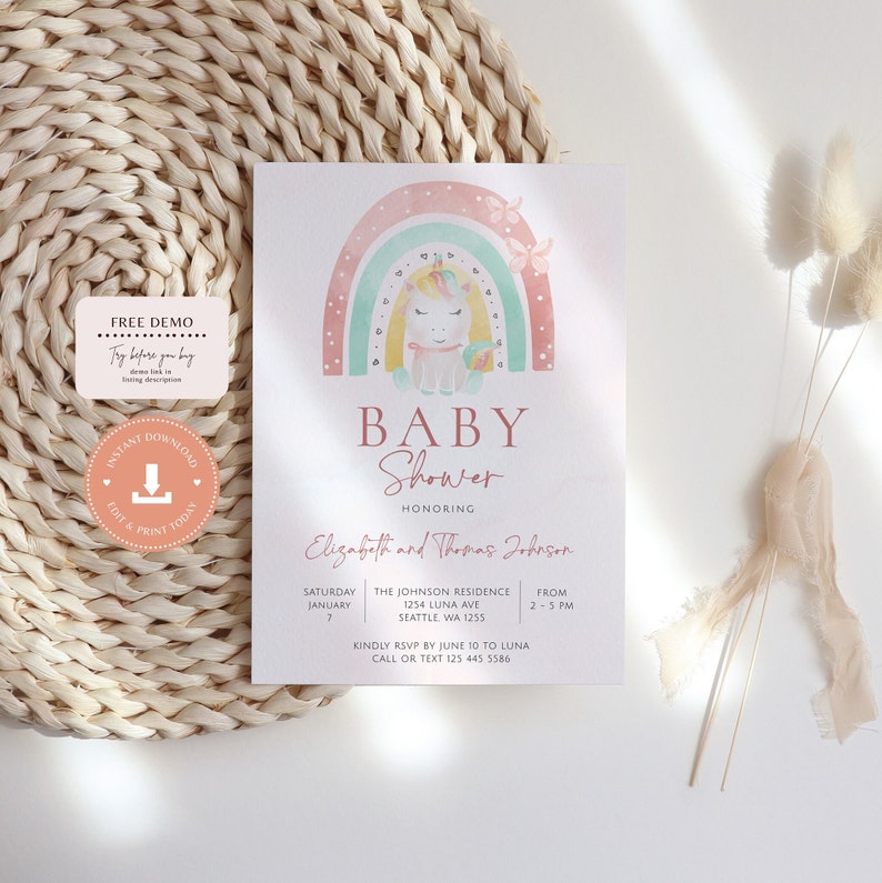 Rainbow Baby Shower Invitation Bundle, Boho Rainbow Baby Shower Invite ...