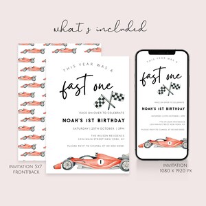 FAST ONE First Birthday Invitation, Race Car Invitation, Race Car 1st ...