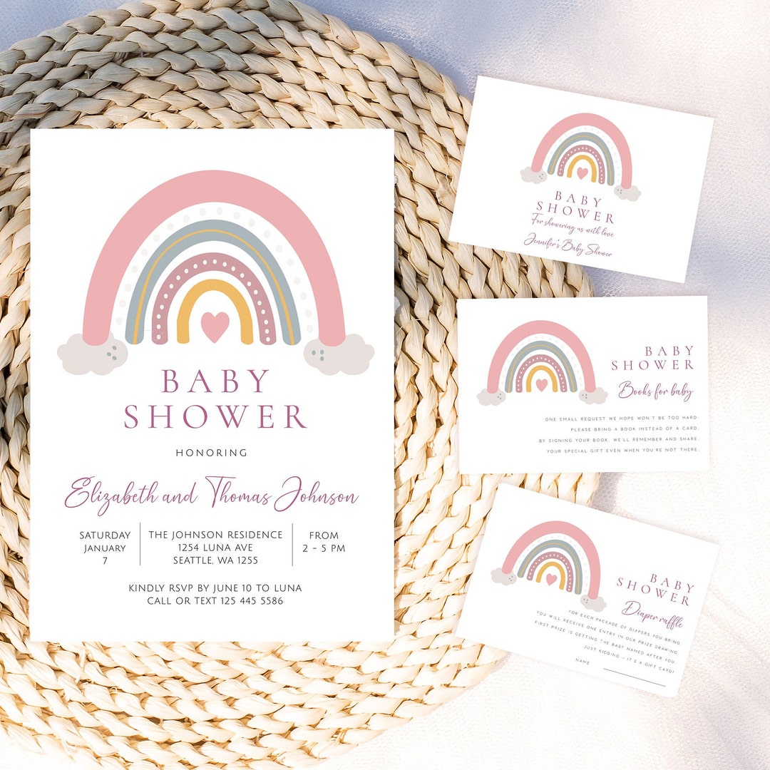 Rainbow Baby Shower Invitation Bundle, Boho Rainbow Baby Shower Invite ...