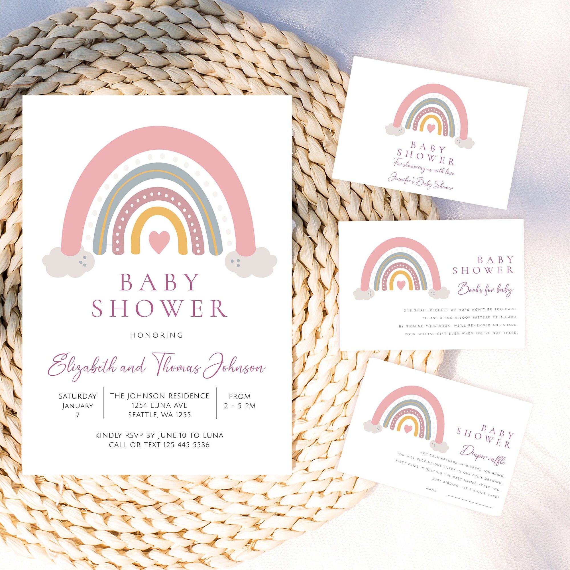 Rainbow Baby Shower Invitation Bundle, Boho Rainbow Baby Shower Invite ...