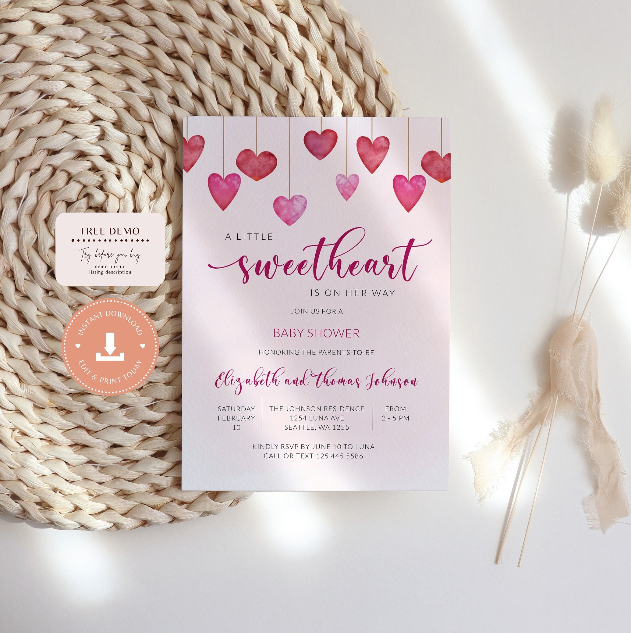 EDITABLE Valentine Baby Shower Invitation, A Little Sweetheart Baby ...