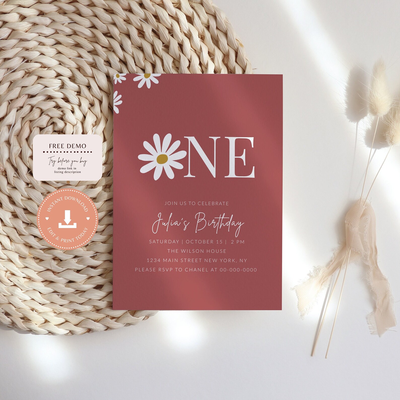 Retro Daisy First Birthday Party Invitation, 1st Birthday Invitation ...