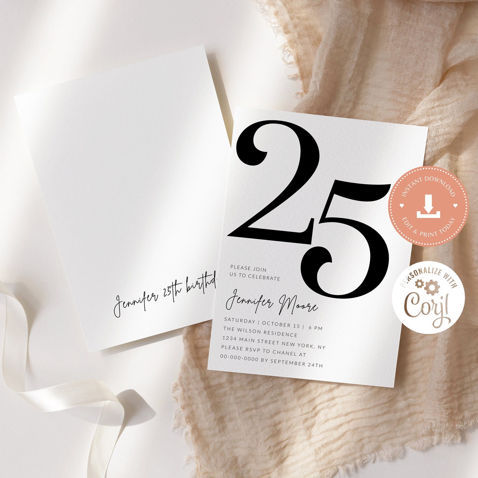 Editable Birthday Party Digital Invitation, 25th Birthday Invitation ...