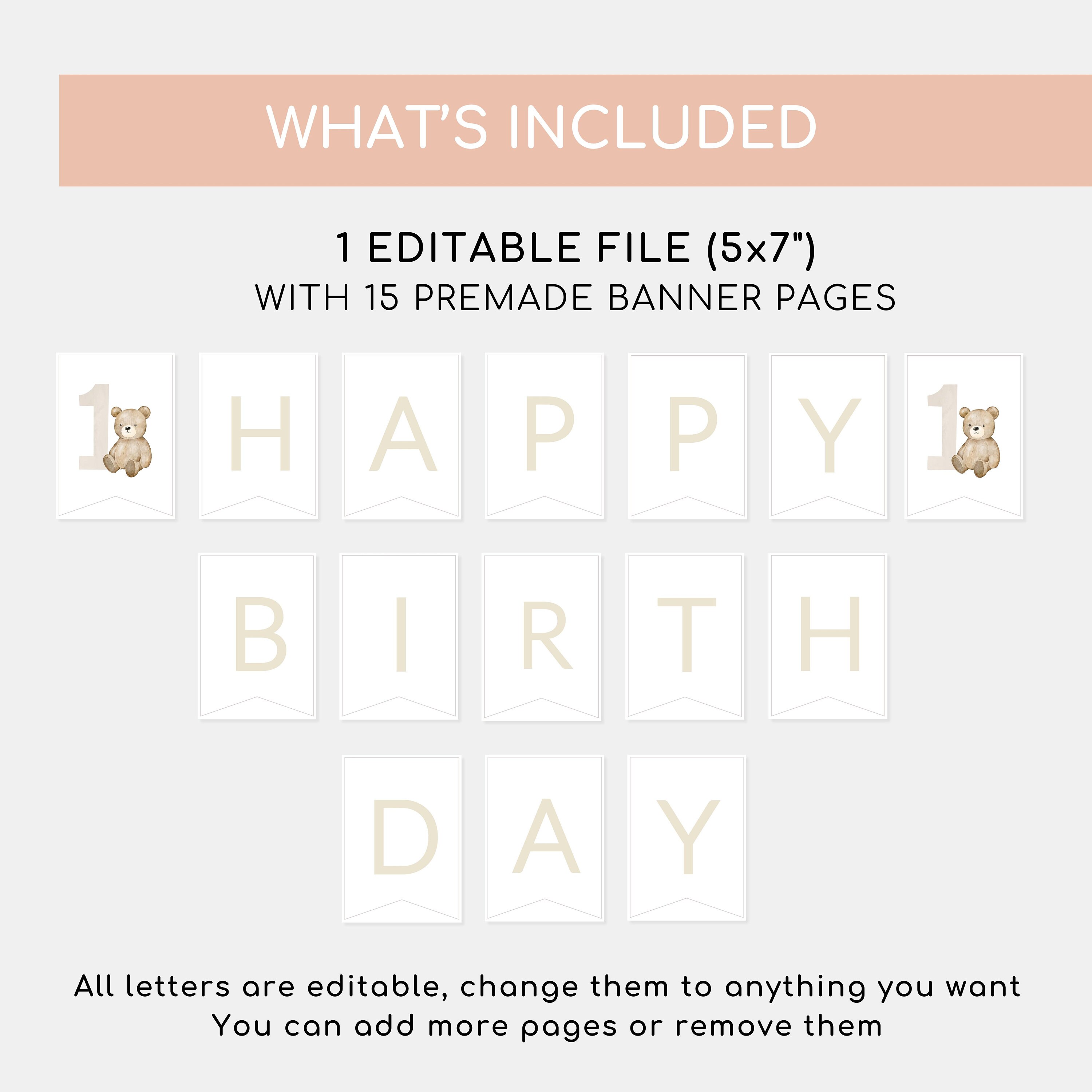 Happy Birthday Banner Printable, Happy 1st Birthday Banner, Teddy Bear ...