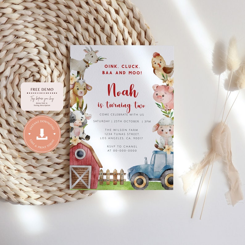 Farm Birthday Party Invitation Template, Farm Animals Birthday ...