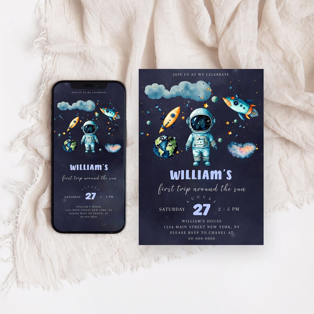 Editable Outer Space First Birthday Invitation, Galaxy Blast off ...