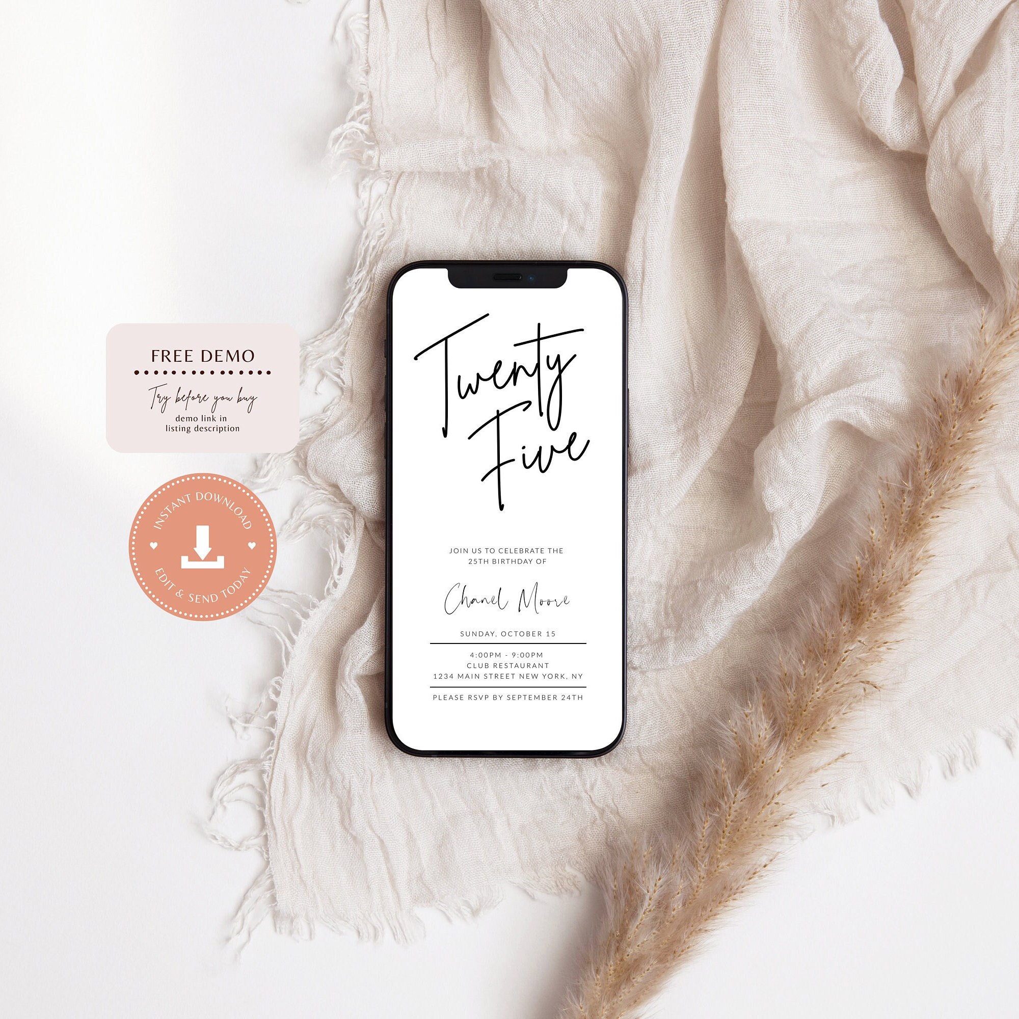 Editable Birthday Party Digital Invitation, 25th Birthday Invitation ...