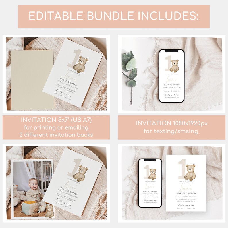 Beary First Birthday Invitation, Bear Birthday Invitation Bundle, Teddy ...