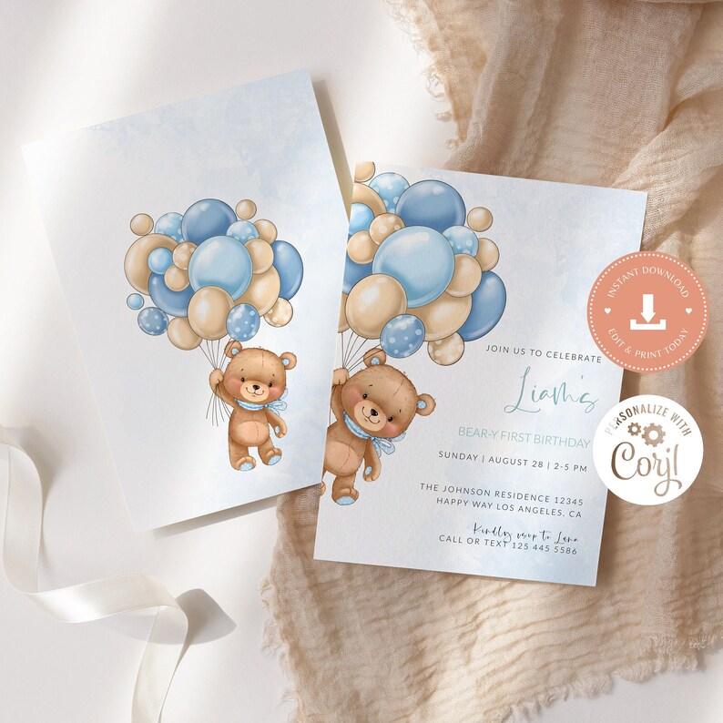 Bear Birthday Invitation, Beary 1st Birthday Invite, Teddy Bear ...