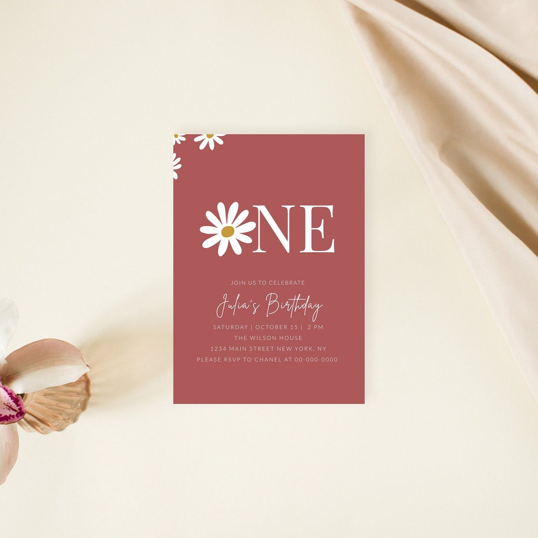 Retro Daisy First Birthday Party Invitation, 1st Birthday Invitation ...