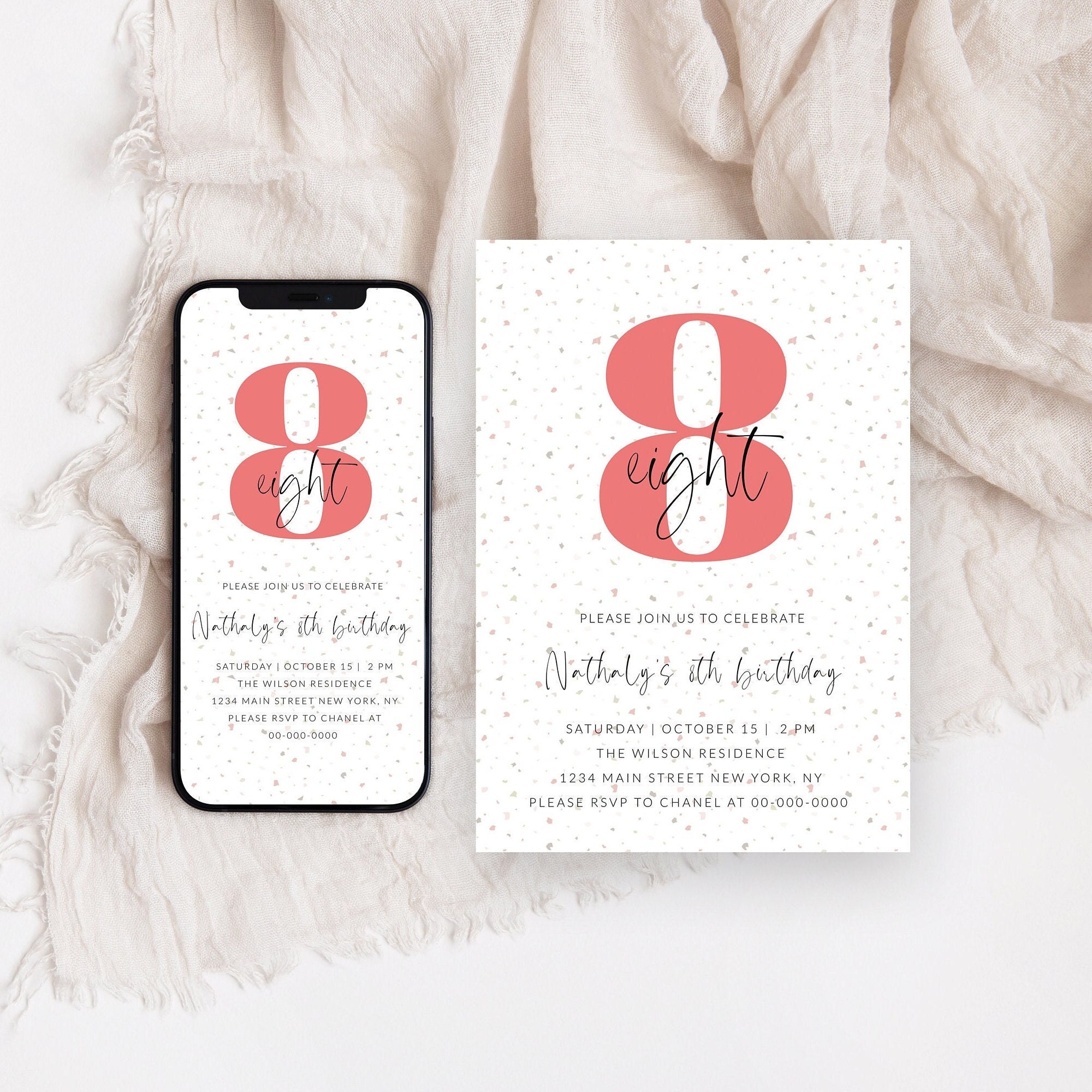 Editable Pink 8th Birthday Invitation Template, 8th Birthday Invitation ...