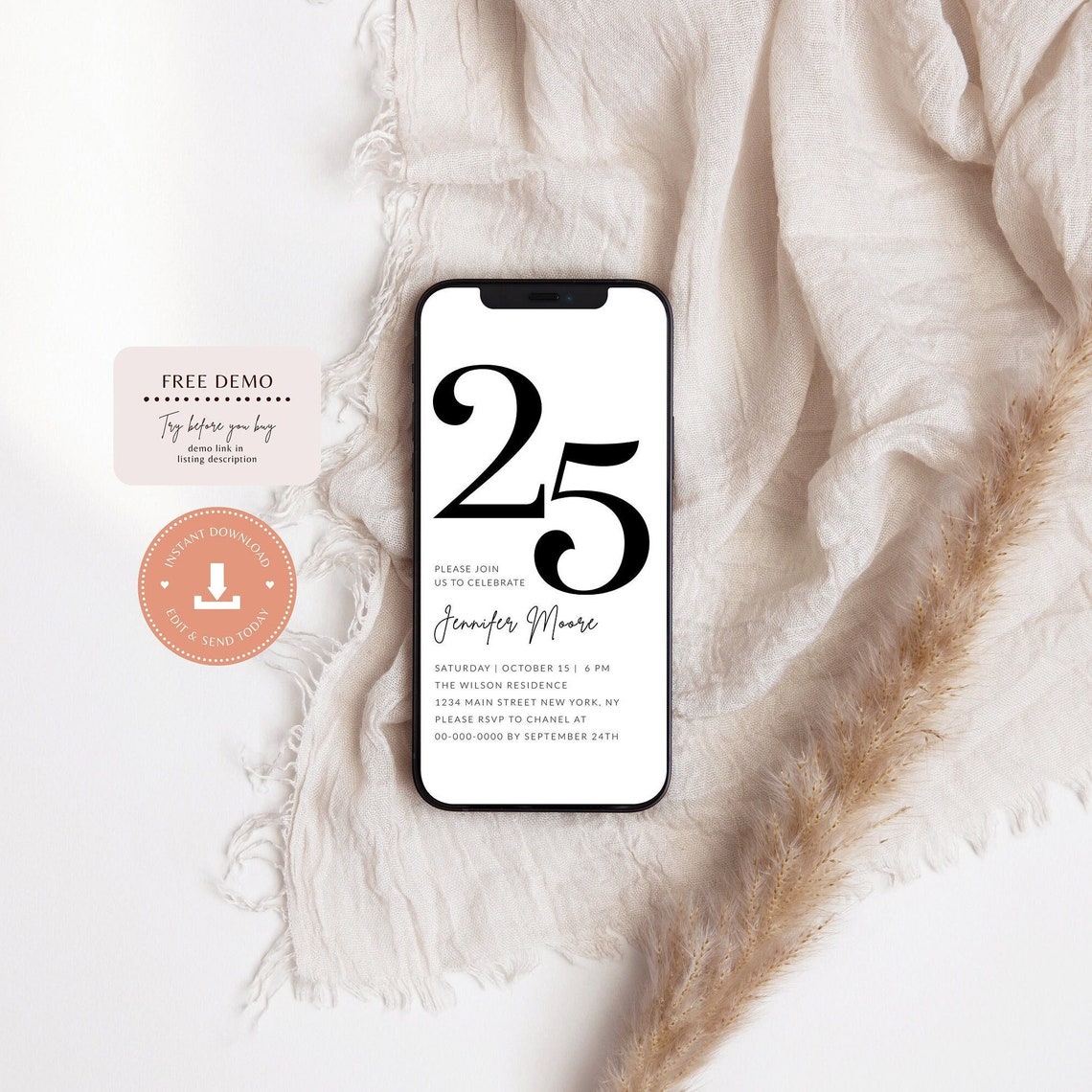 Editable Birthday Party Digital Invitation, 25th Birthday Invitation ...