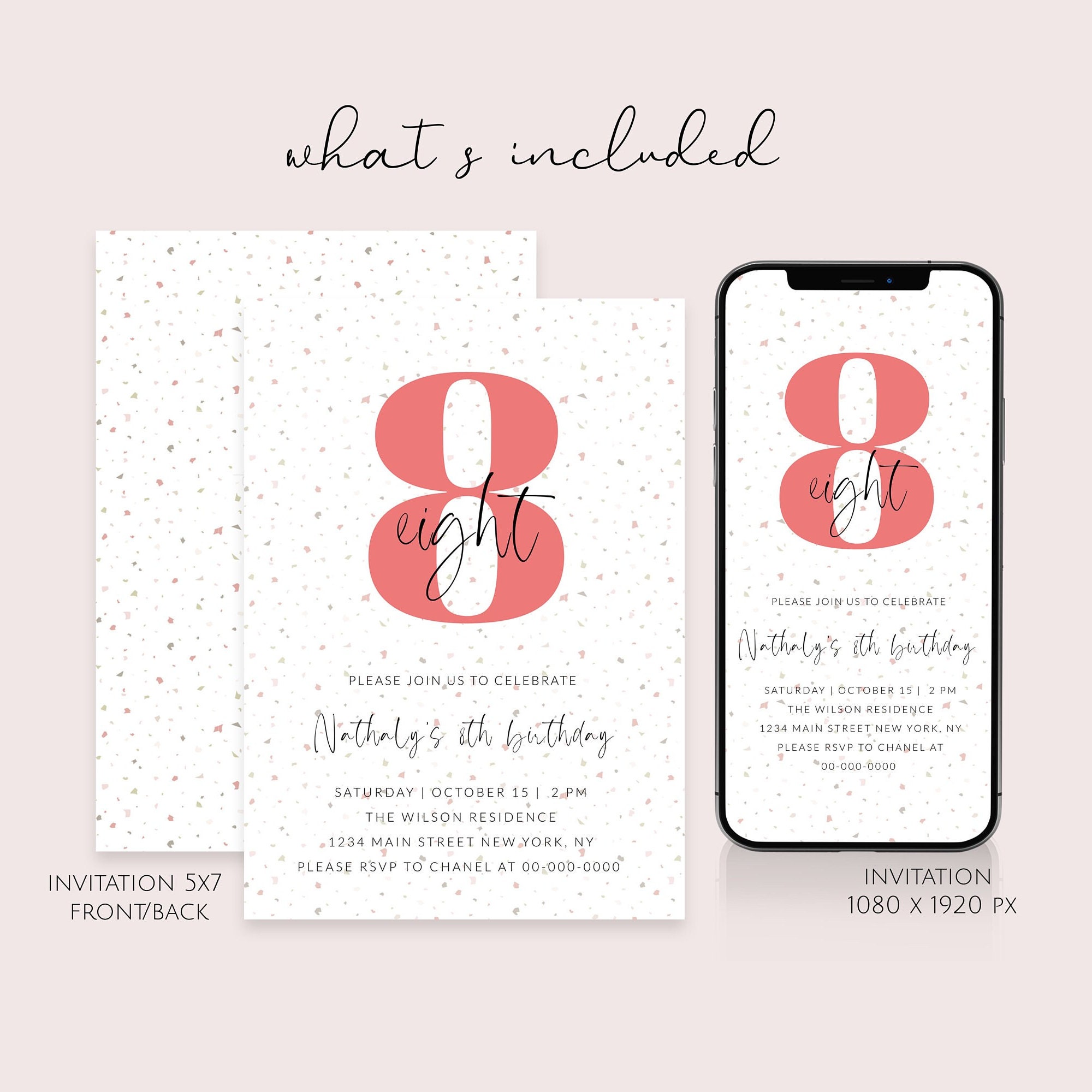 Editable Pink 8th Birthday Invitation Template, 8th Birthday Invitation ...