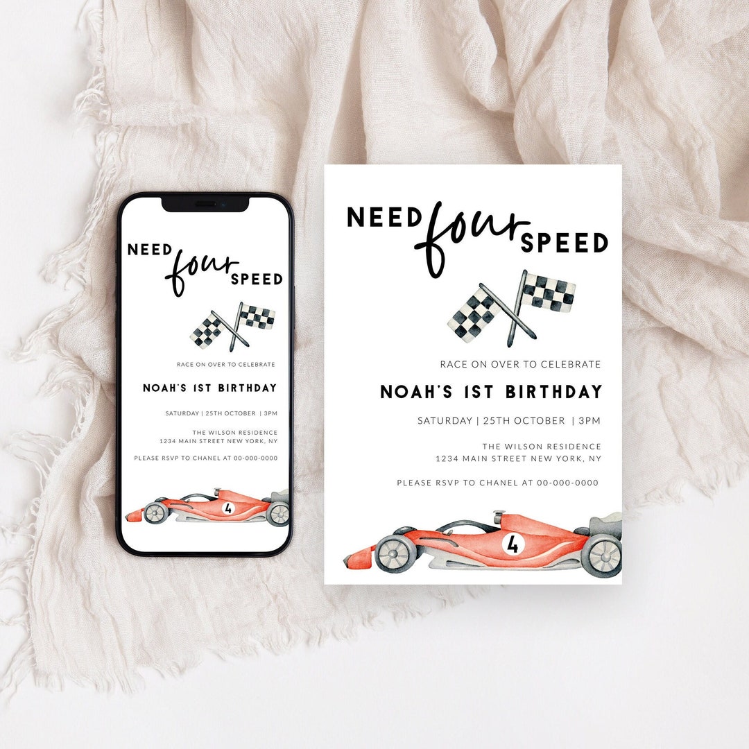 NEED FOUR SPEED Birthday Invitation, Race Car Invitation, 4th Birthday ...