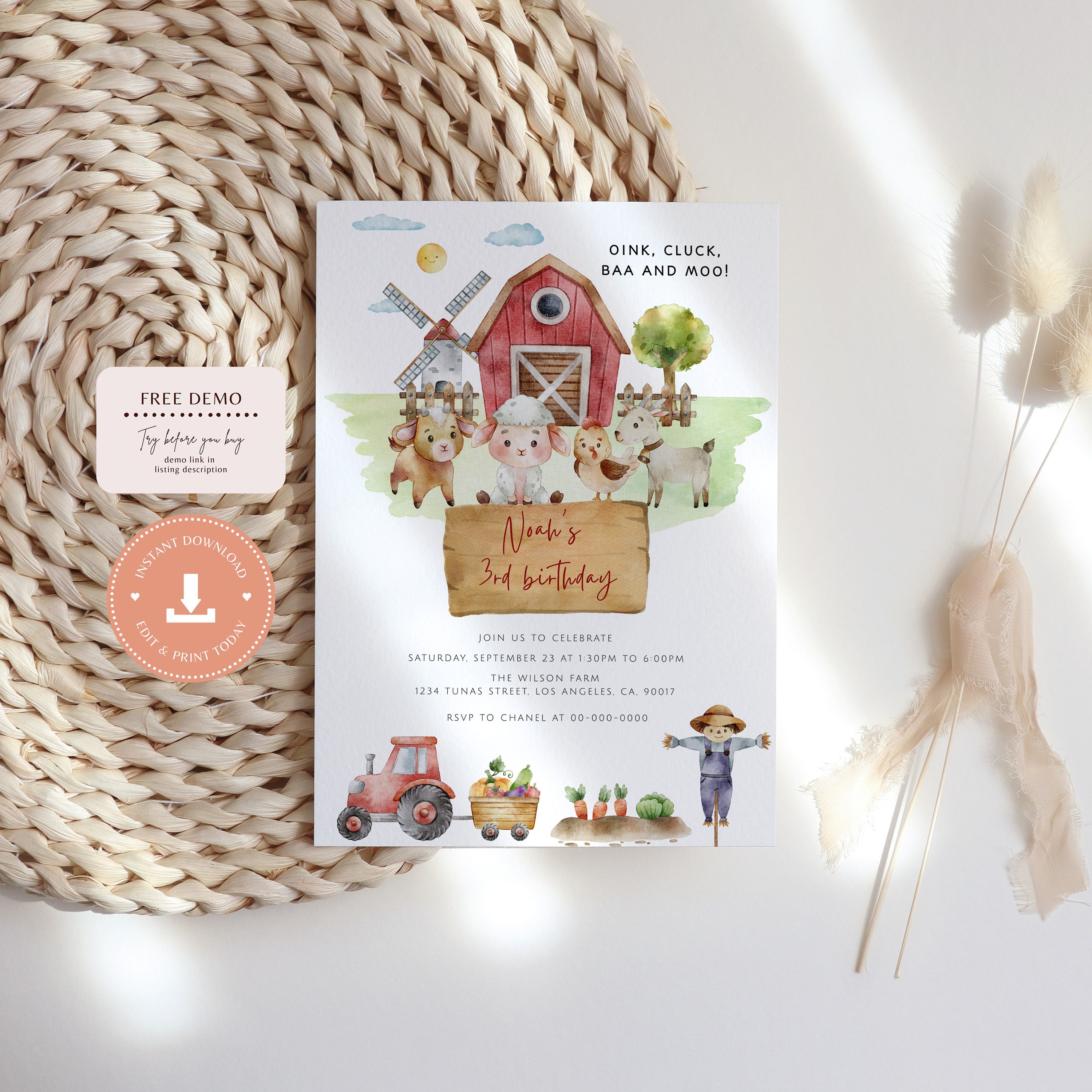 Farm Birthday Party Invitation Template, Farm Animals Birthday ...