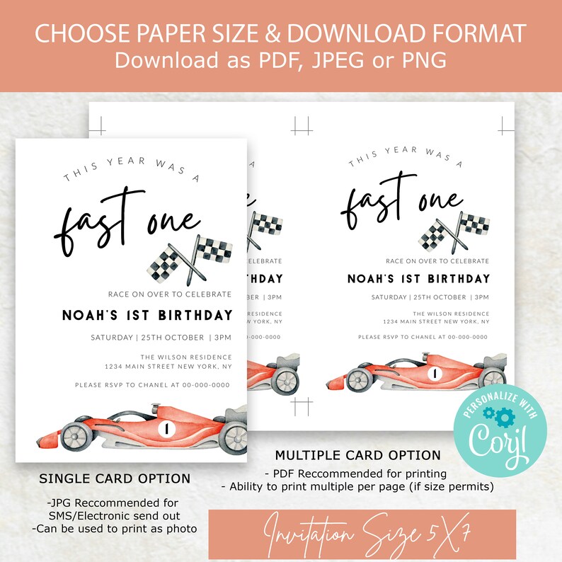 FAST ONE First Birthday Invitation Race Car Invitation Race - Etsy
