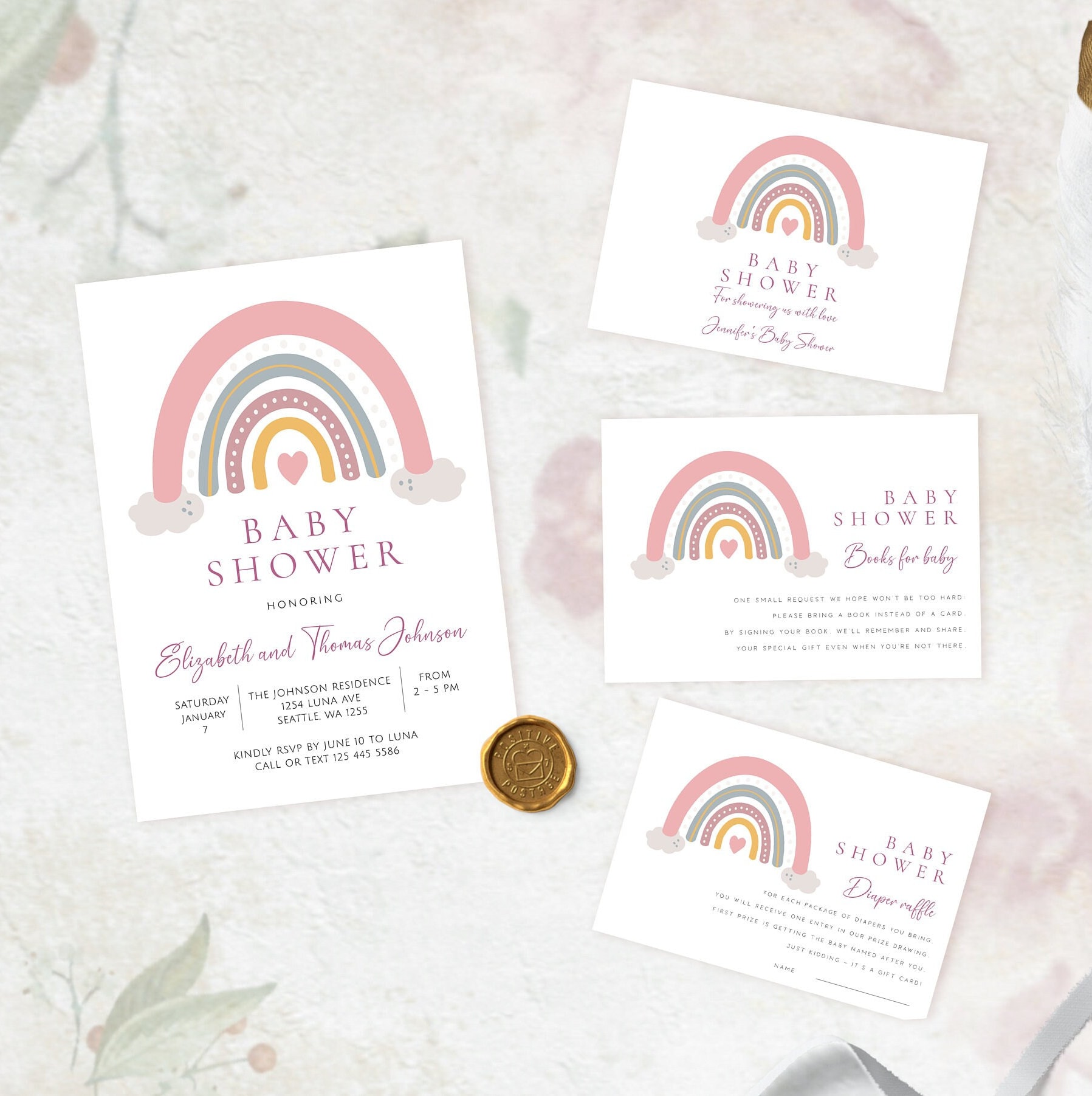 Rainbow Baby Shower Invitation Bundle, Boho Rainbow Baby Shower Invite ...
