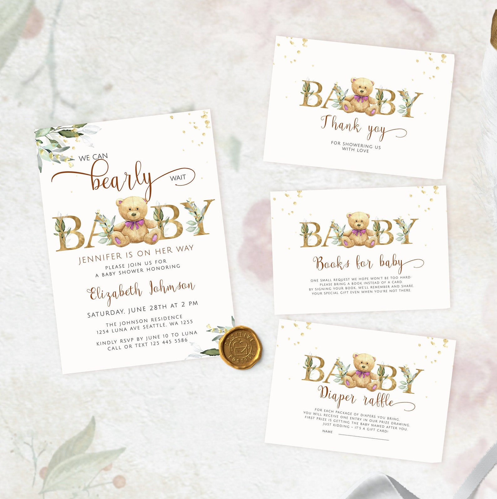 Teddy Bear Baby Shower Invitation Template, We Can Bearly Wait, Baby ...