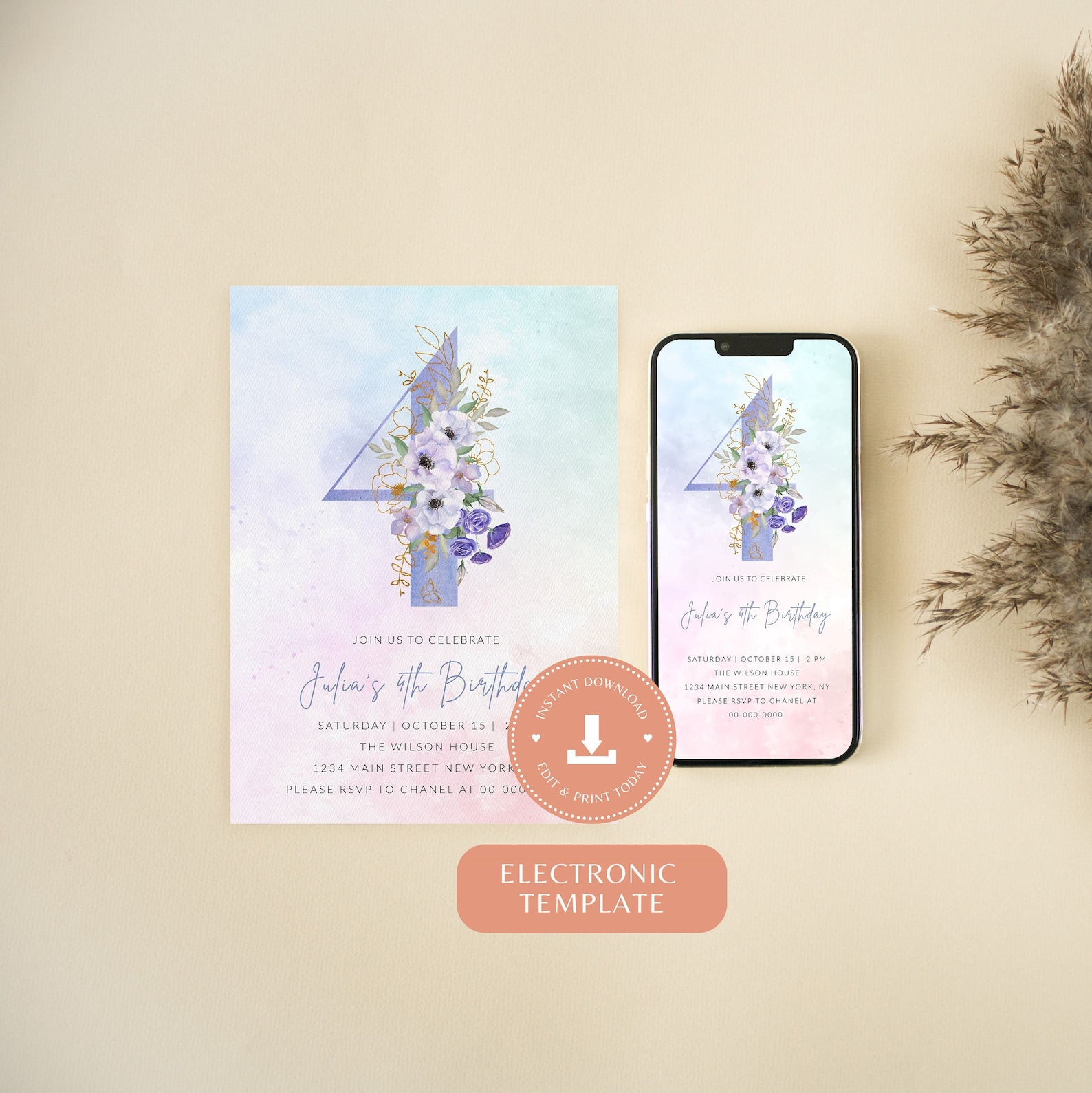 4th Birthday Invitation, Fourth Birthday, Printable 4th Birthday Invite ...