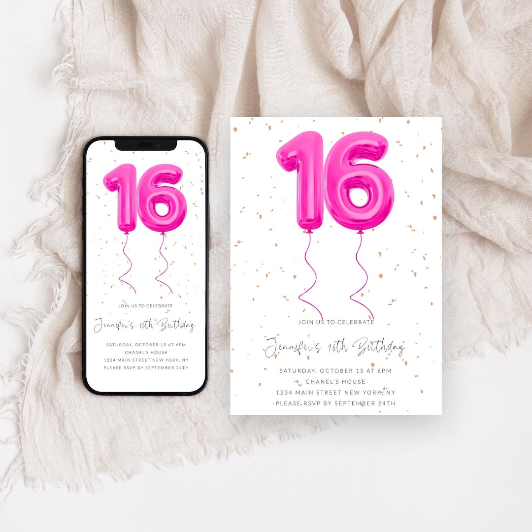 16th Birthday Invitation for Girl, Editable Birthday Invite for 16 Year ...