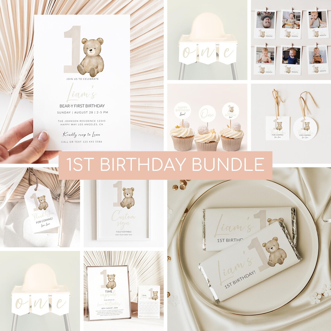 Beary First Birthday Invitation, Bear Birthday Invitation Bundle, Teddy ...