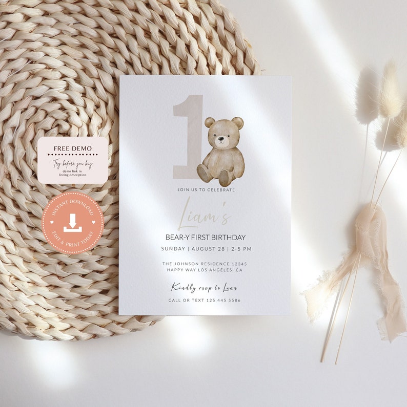 Bear Birthday Invitation Beary 1st Birthday Invite Teddy - Etsy