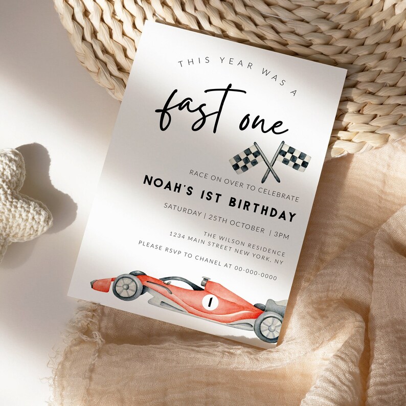 FAST ONE First Birthday Invitation, Race Car Invitation, Race Car 1st ...