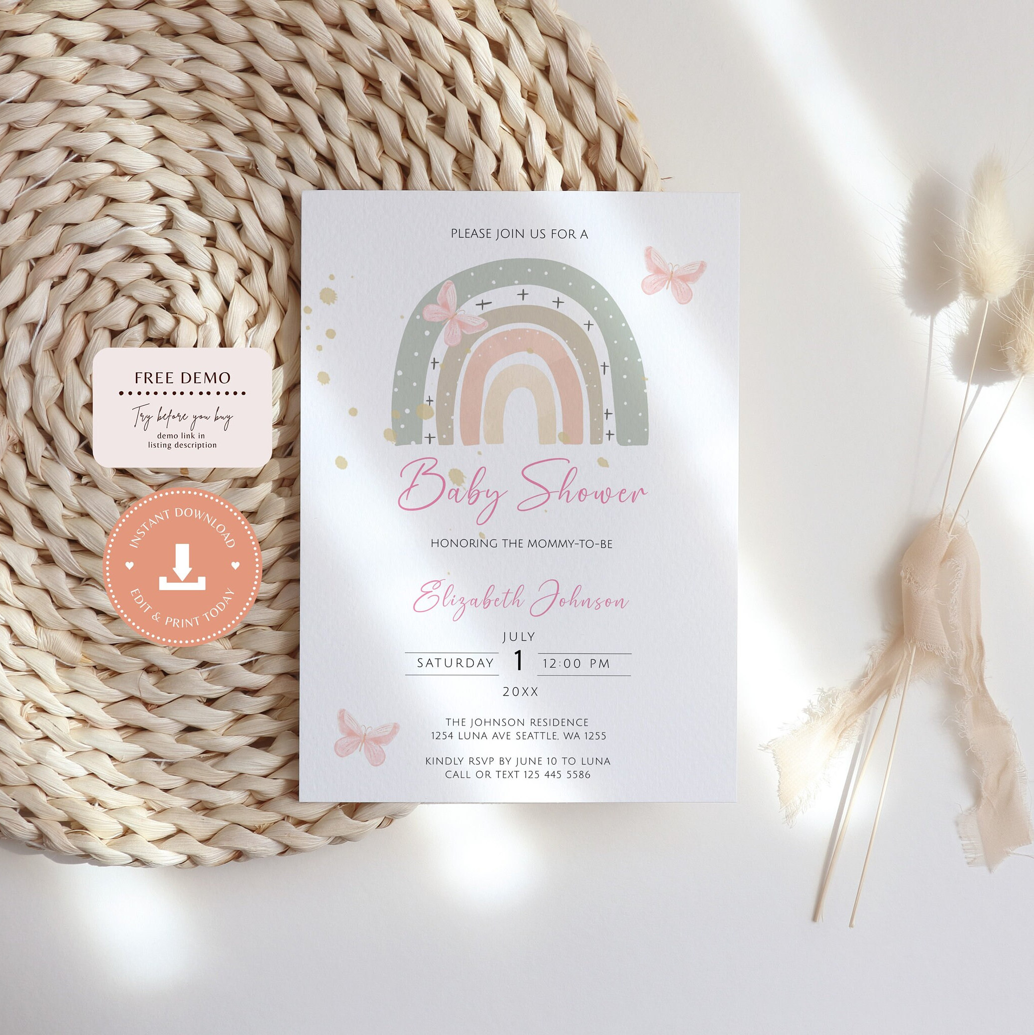 Rainbow Baby Shower Invitation Bundle, Boho Rainbow Baby Shower Invite ...