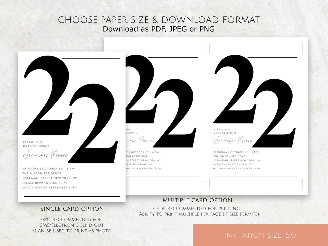 22nd Birthday Invitation, Twenty Two 22nd Birthday Party Digital Invitation, Modern Birthday ...