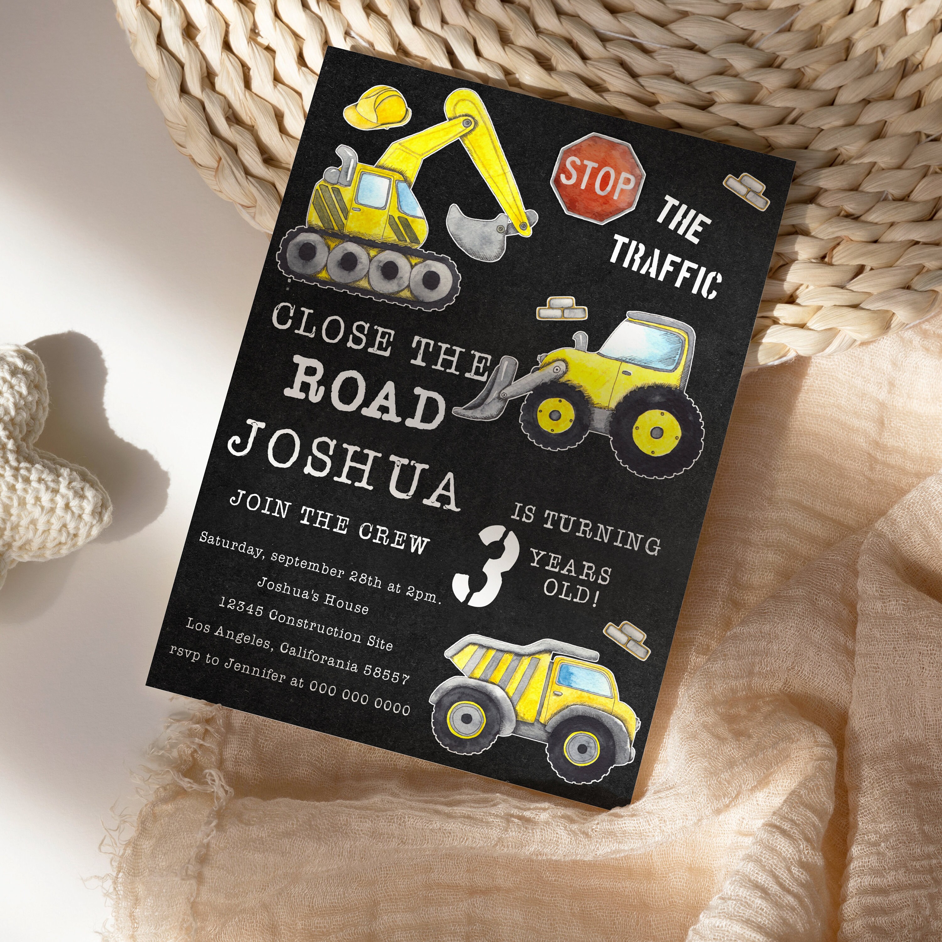 Construction Birthday Invitation Dump Truck Invite Yellow Dump Truck