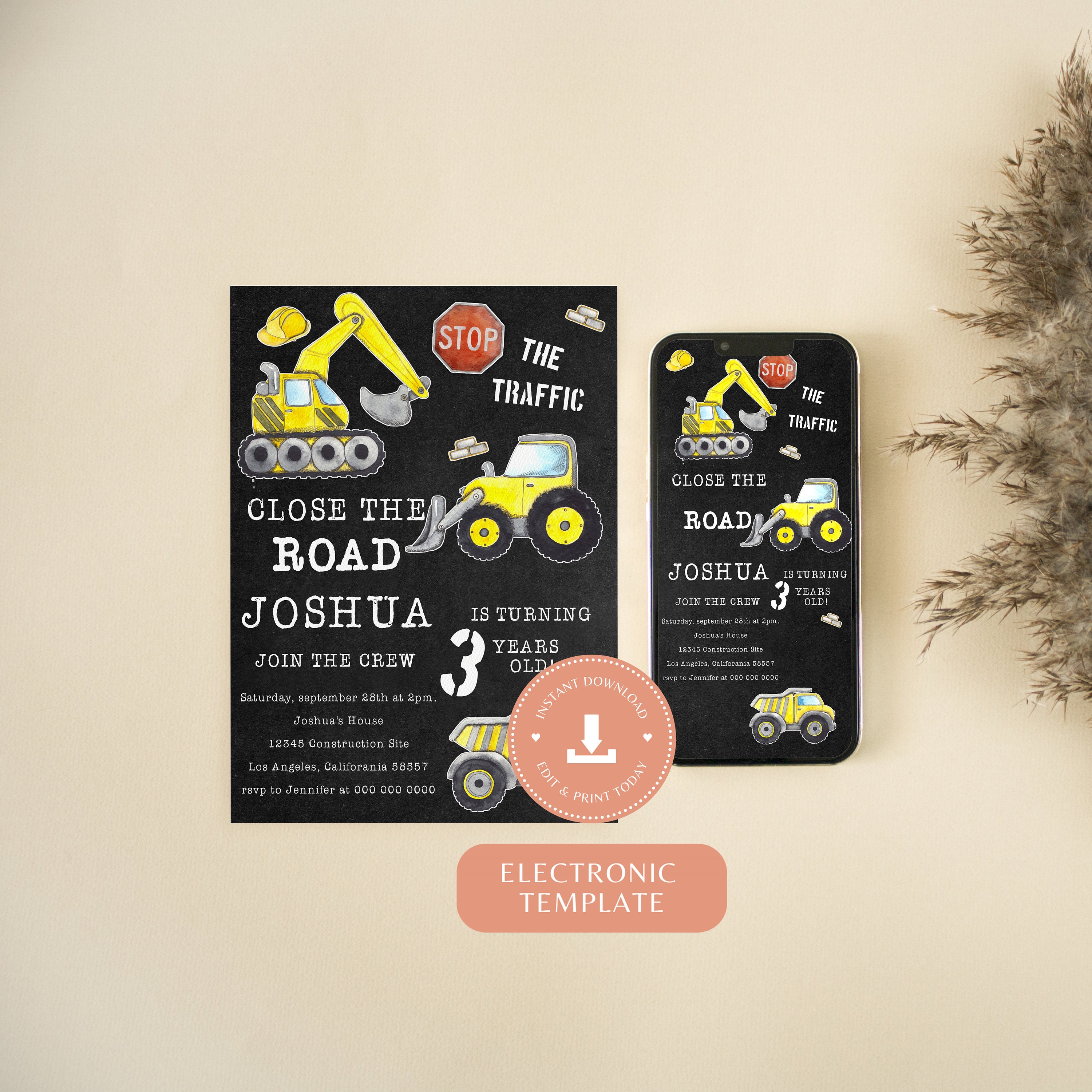 Construction Birthday Invitation Dump Truck Invite Yellow Dump Truck
