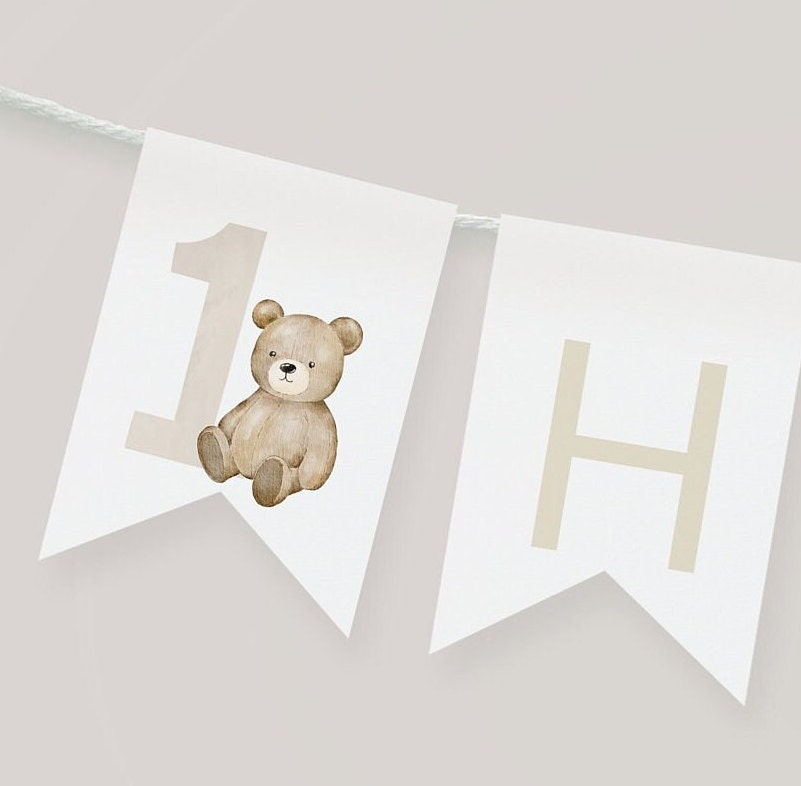Happy Birthday Banner Printable, Happy 1st Birthday Banner, Teddy Bear ...
