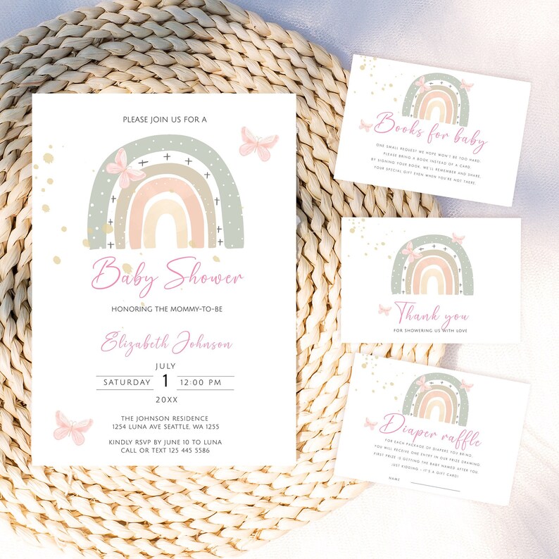 Rainbow Baby Shower Invitation Bundle, Boho Rainbow Baby Shower Invite ...