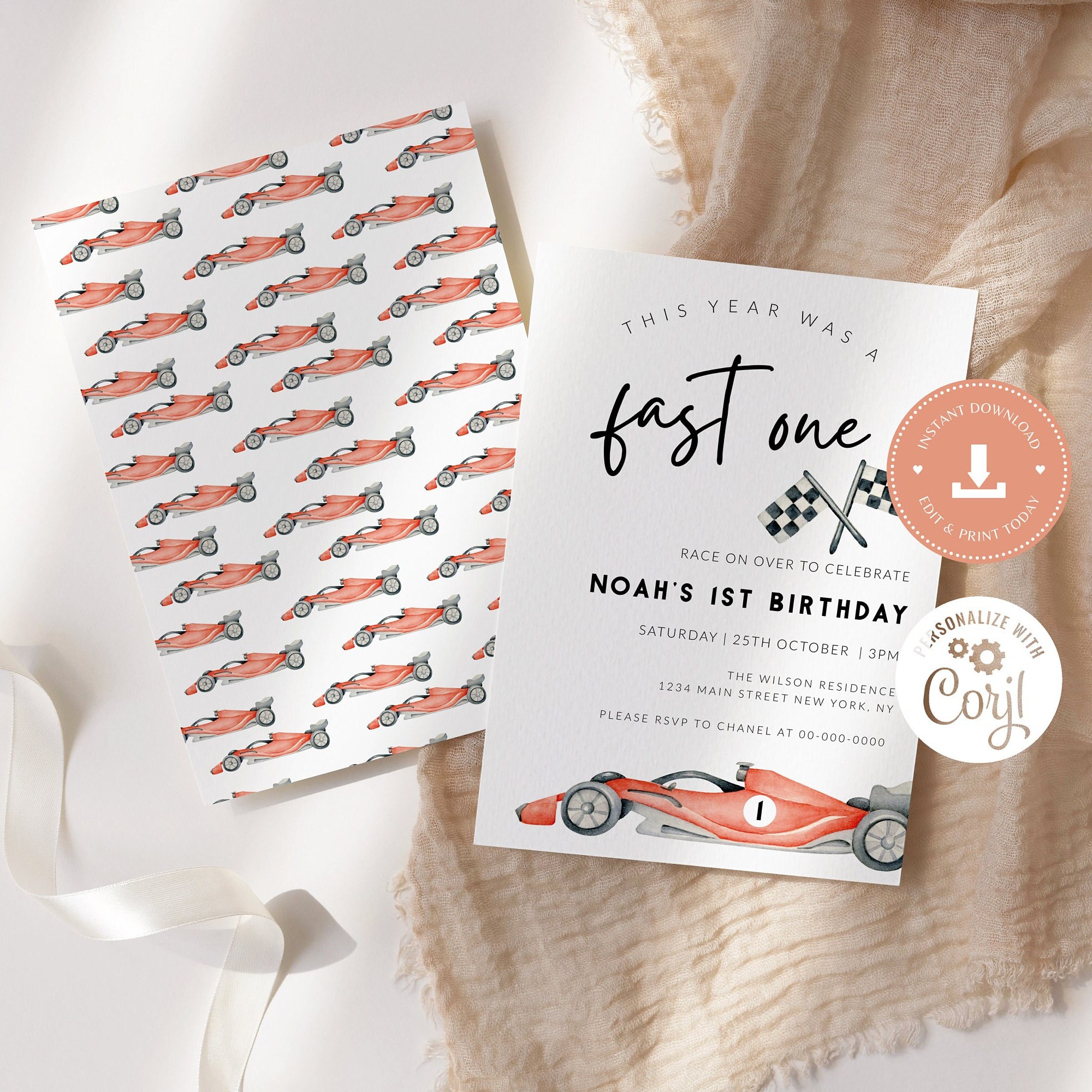 FAST ONE First Birthday Invitation Race Car Invitation Race - Etsy