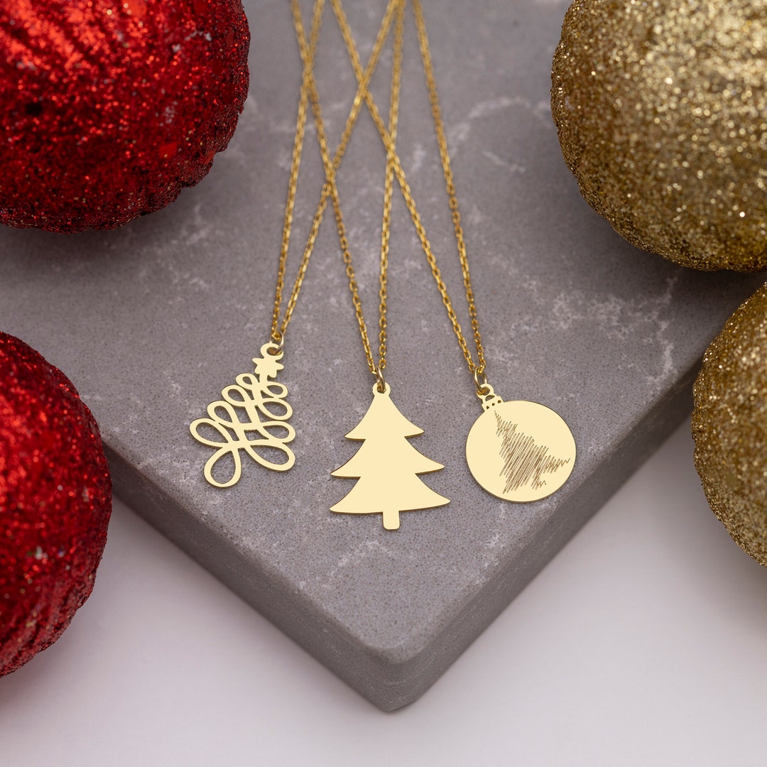 14K Gold Cute Christmas Tree Necklaces, Dainty Silver Tree Pendants ...