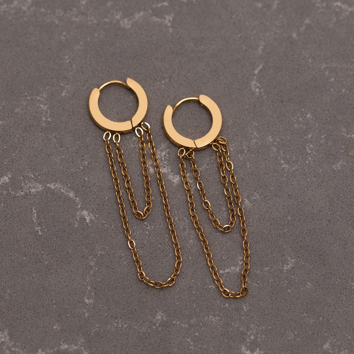 18K Gold Chain Earrings, Long Chain Earring, Tiny Huggie Drop, Double ...