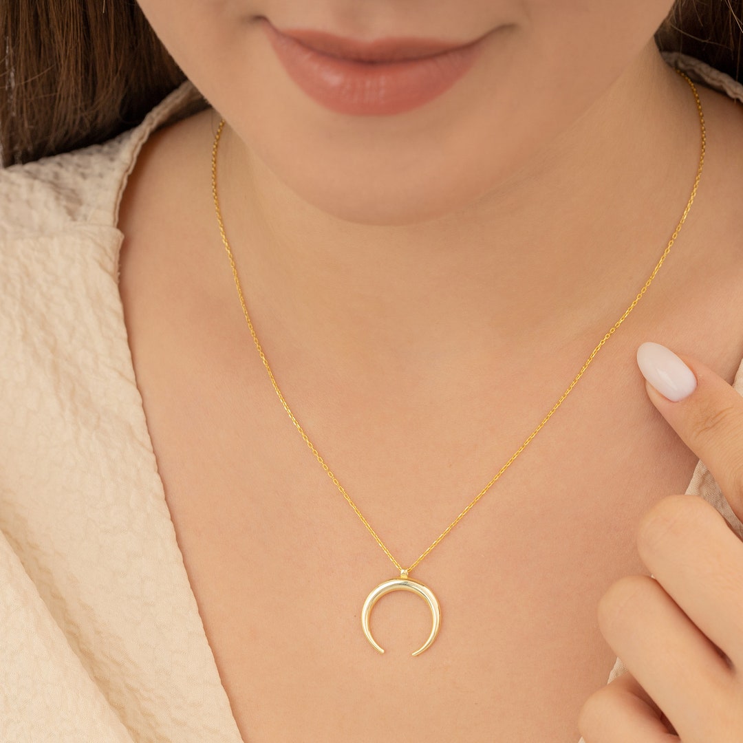Gold & Silver Upside Down Crescent Moon Pendant Necklace, Dainty Moon ...