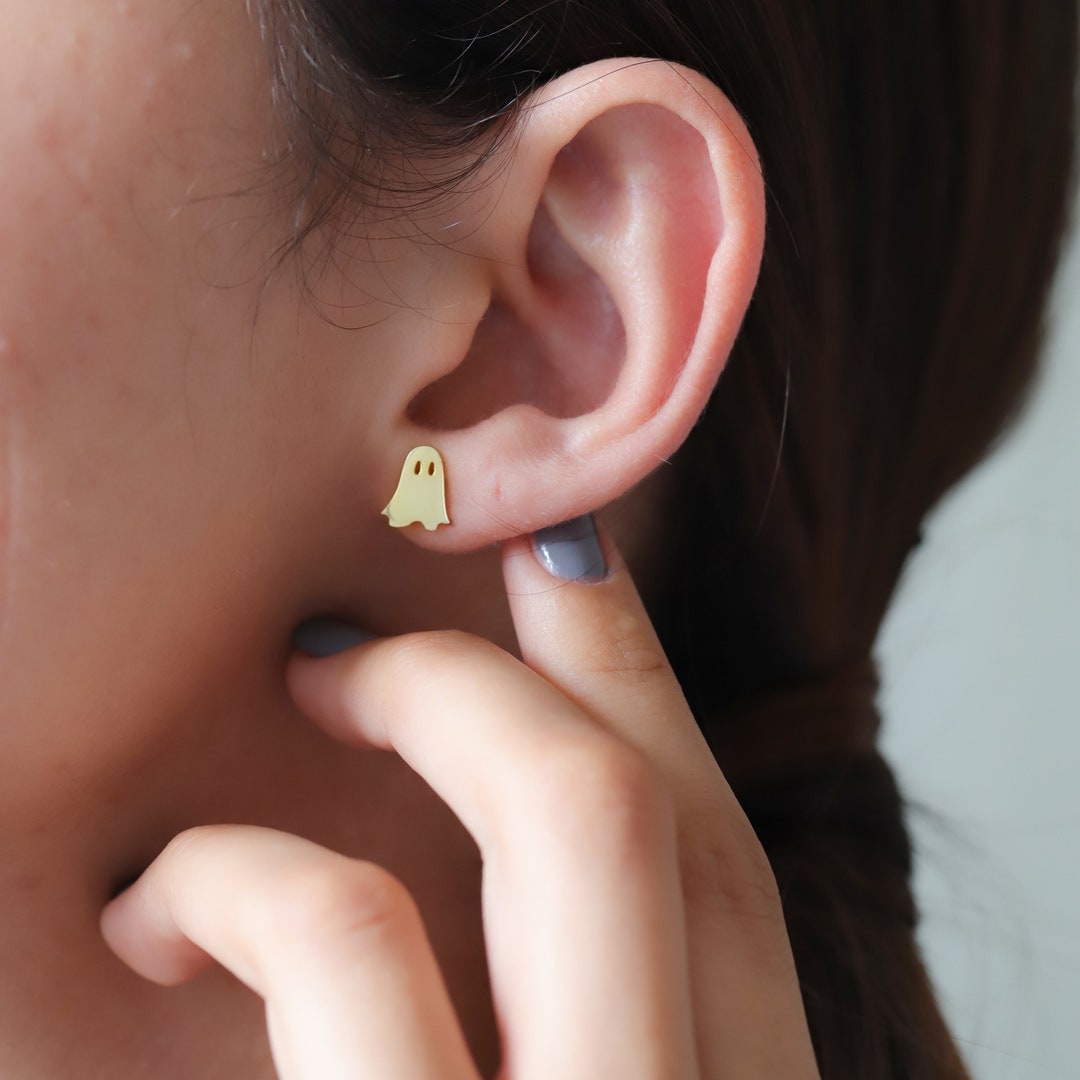 14K Gold Dainty Spooky Ghost Stud Earrings, Sparkly Silver Ghost Studs ...
