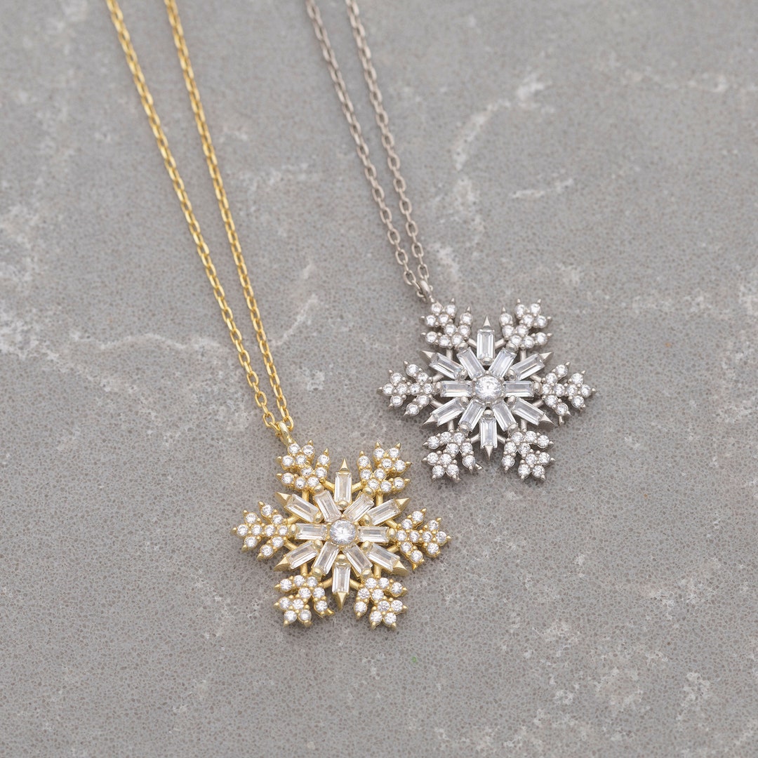 Gold & Silver Snowflake Necklace , Dainty Gemstone Snowflake Pendant ...