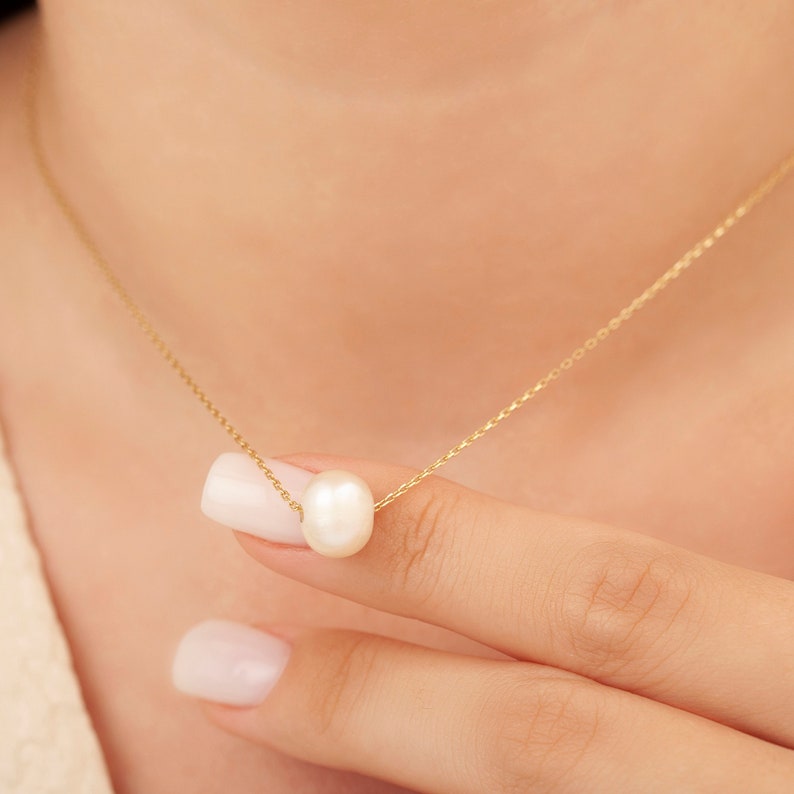14K Gold Single Pearl Necklace, Dainty Silver Freshwater Pearl Bead ...