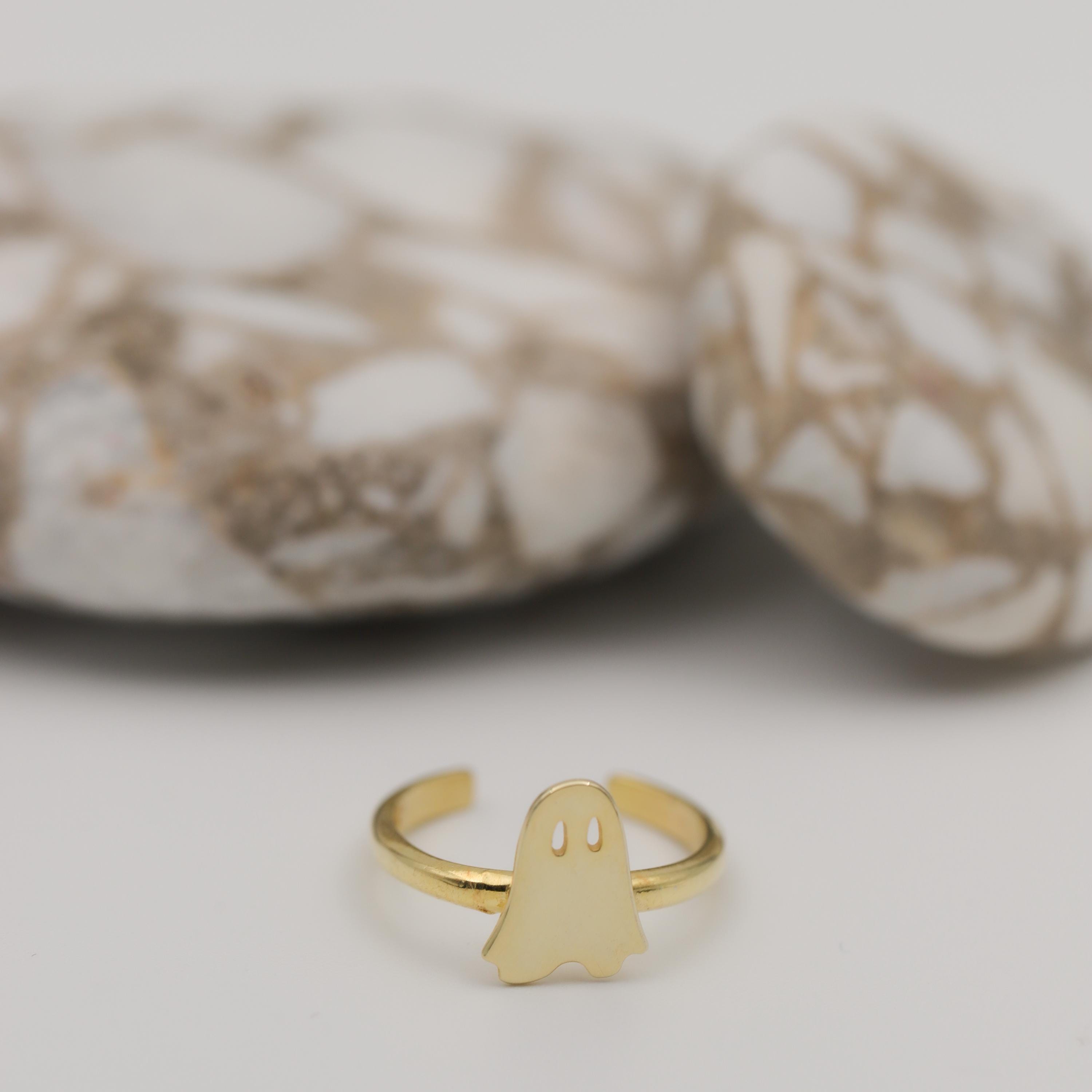 14K Gold Ghost Ring, Adjustable Tiny Cute Ghotic Jewelry, Halloween of ...