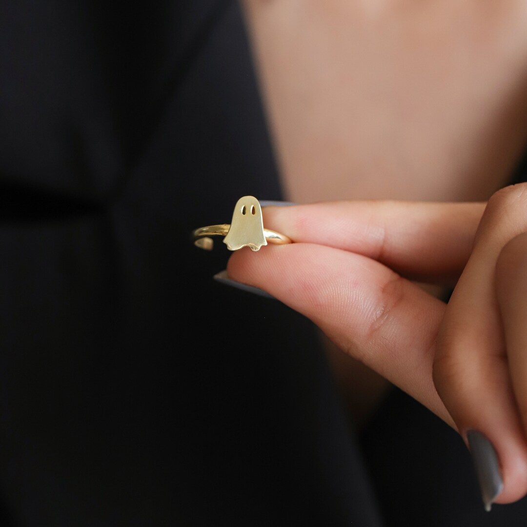 925K Sterling Silver Ghost Ring, Gold Adjustable Halloween Ring, Spooky ...